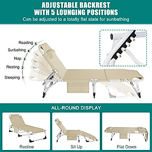 DoCred Folding Chaise Lounge Chair, Oversized Tanning Chair 5-Position Patio Chaise Lounge Beach Chair with Face Hole for Outside, Poolside, Beach, Lawn, Camping
