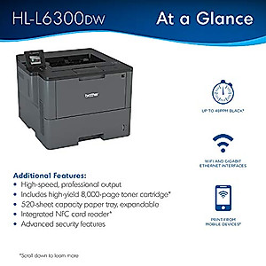Brother Monochrome Laser Printer, HL-L6300DW, Wireless Networking, Mobile Printing, Duplex Printing, Large Paper Capacity, Cloud Printing, Amazon Dash Replenishment Ready