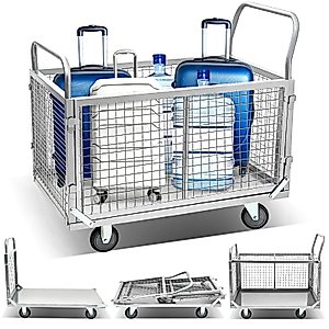 Datanly Platform Truck Cart with Cage, Large Foldable Flat Cart Heavy Duty Push Cart Dolly Load 1600lbs Hand Truck Dolly Cart with Swivel Casters Flatbed Cart for Grocery Moving Laundry (39" x 24")