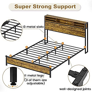 Tiptiper LED Bed Frame Queen Size with Storage Headboard, USB Ports & AC Outlets, Industrial Metal Platform Bed with LED Lights, No Box Spring Needed, Rustic Brown
