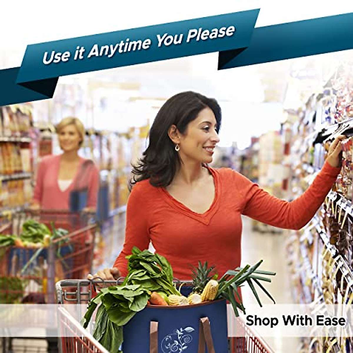 Liviable Reusable Grocery Shopping Bags, Foldable, Heavy Duty Tote, Box Bags with Long Handles and Solid Bottom, Large - Set of 3, Navy Blue