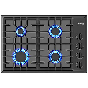 Gas Cooktop 30 Inch Black, GASLAND Chef PRO GH2304ES 4 Italy Sabaf Sealed Burner Gas Stovetop, 3.9 ft Cord Plug, Heavy Duty Cast Iron Grates with Metal Knobs, 28,300 BTU NG/LPG Convertible