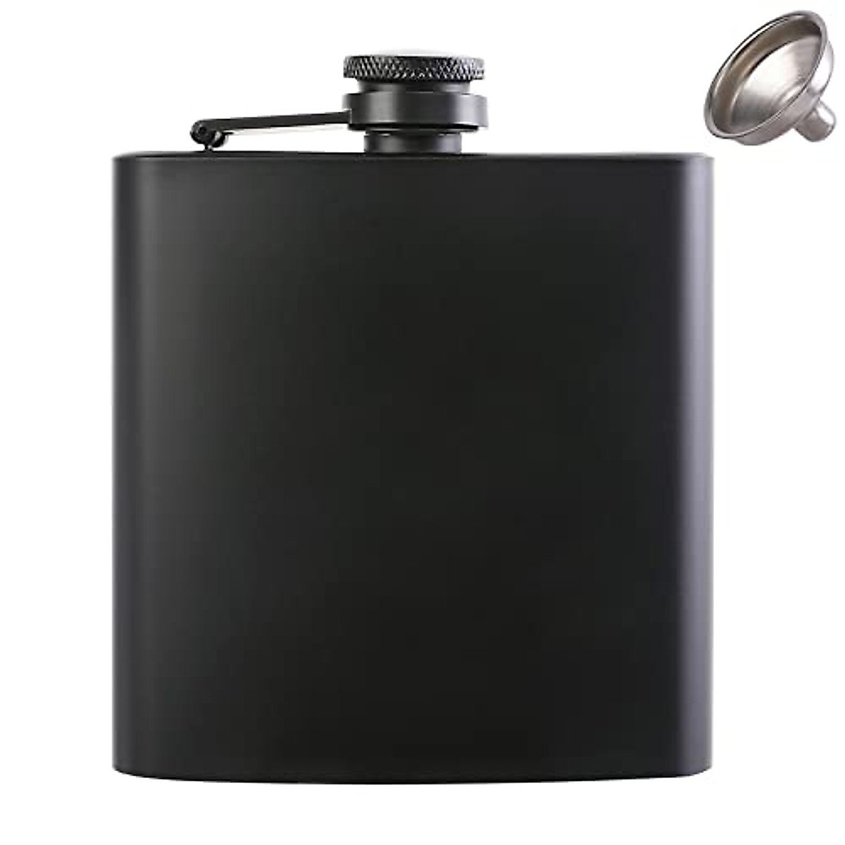 Hip Flask for Liquor 1PCS Black Thin Flasks with Silver Cap 6oz Stainless Steel Leakproof with 1pcs Funnel for Gift, Camping, Wedding Party