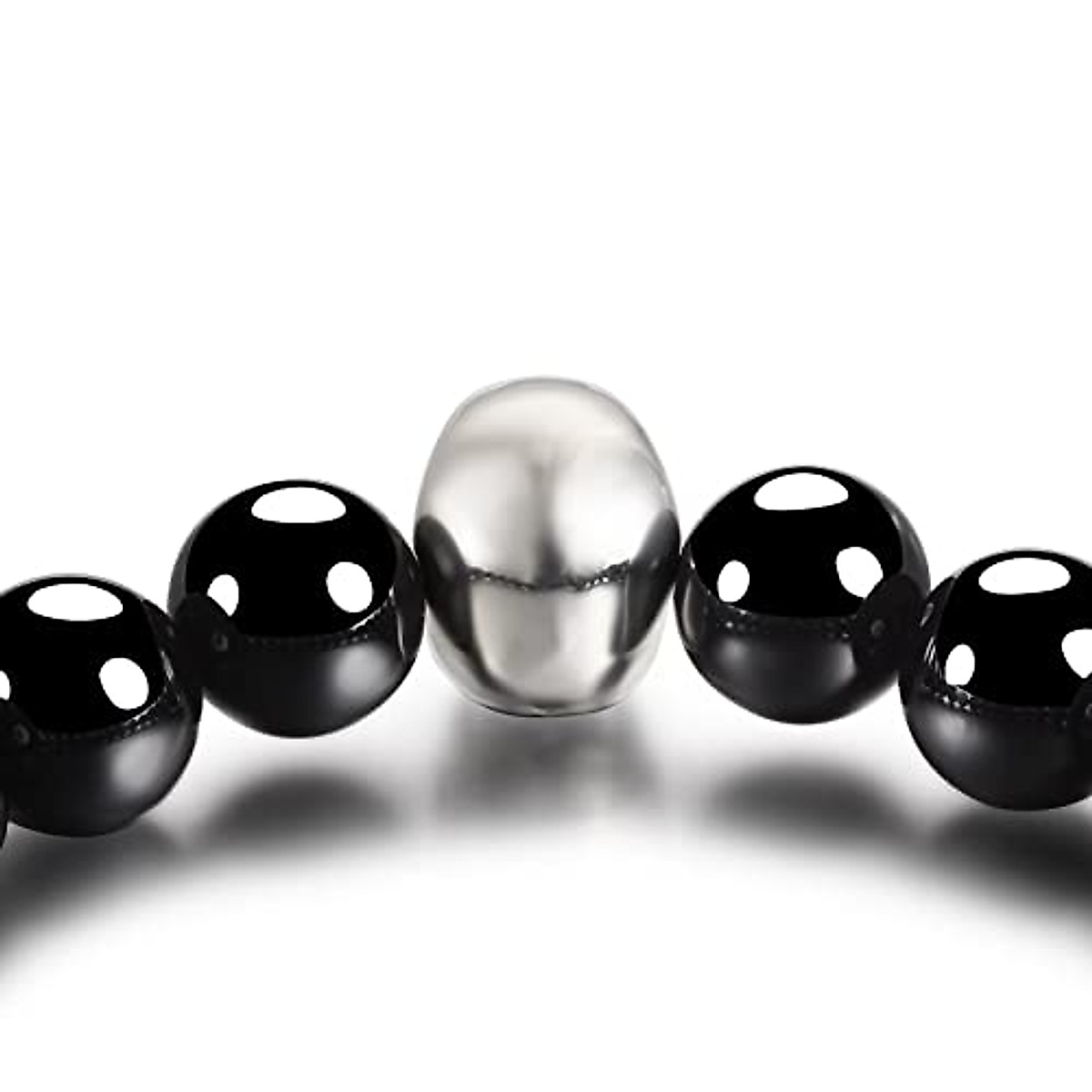 Skullis 0.7" 925 Sterling Silver Carved Skull & Black Obsidian Beads Bracelet, Crystal Healing. (M, Fit wrist size: (171-186) mm)