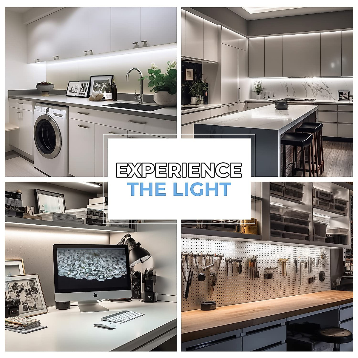 EShine Hand Wave Activated Under Cabinet LED Lighting Kit, Dimmable, 4-Pack 12 in - Touchless Dimming Control, White Under Counter Lights for Kitchen, Garage, Office, Desk - Cool White (6000K)