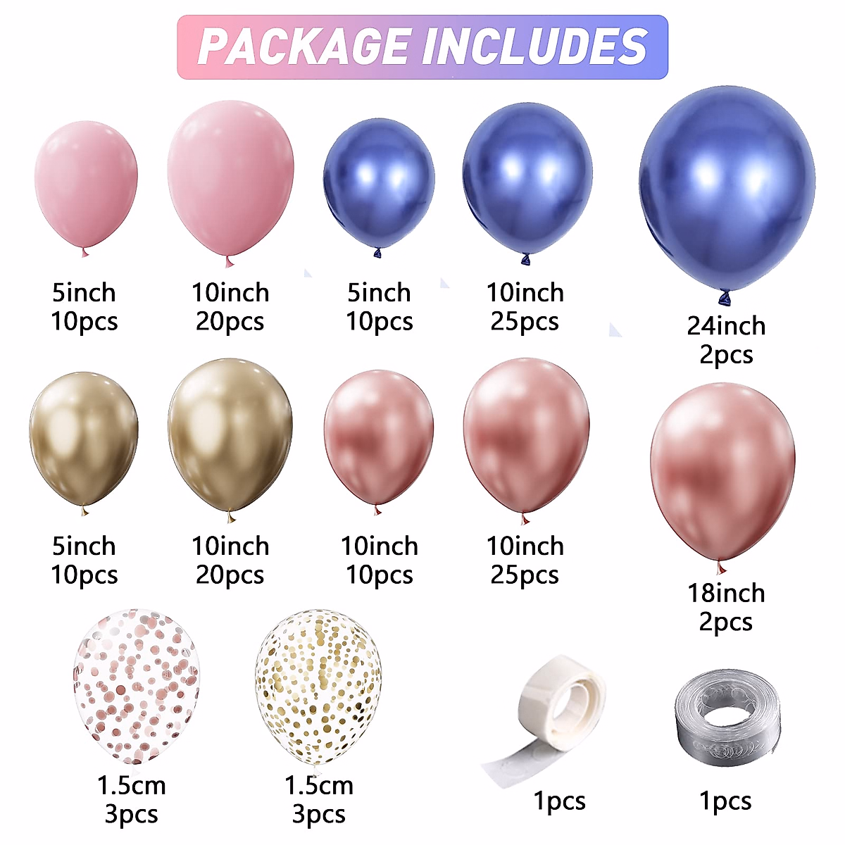 Navy Blue Rose Gold Pink Gold Confetti Latex Balloons with 140pcs 18/10/5/Inch Metallic Chrome Balloons for Gender Reveal Birthday Party Wedding Graduation Bridal Shower Decorations (Navy Blue)