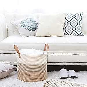 Sea Team Large Size Cotton Rope Woven Storage Basket with Handles, Laundry Hamper, Trunk Organizer, Clothes Toys Bin for Kid's Room, 15 x 13 inches, Round Open Design, Off White & Brown