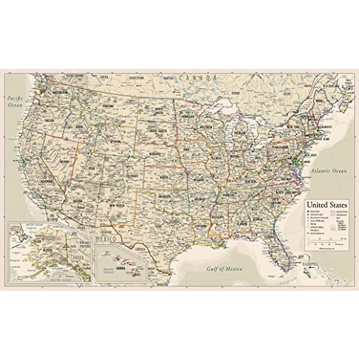 Antique Style USA Map - Wall Chart Map of The United States of America - Made in The USA - Updated (LAMINATED, 18" x 29")