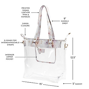 Erin Condren Large Clear Plastic Tote with Wildflower, with Gold Hardware One Inside Pocket - Designer Style Organization - 15" X 12.5" with 5" Gusset, 9” Handle Drop & Printed Trim