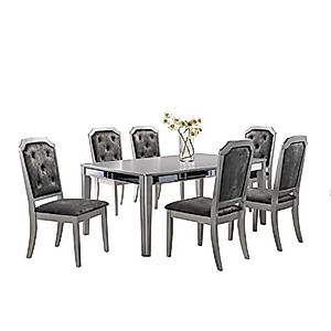 Liveasy Furniture Dining Table Set for 6, Kitchen & Dining Room Sets with Button Tufted Upholstered Chairs and Mirror Tile Edge (Silver/Grey)