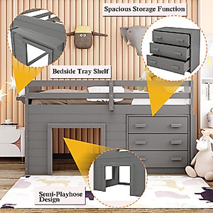 CITYLIGHT Low Loft Bed with Storage,Wood Twin Size Loft Bed with Cabinet and Shelf,Kids Loft Bed Frame for Girls Boys,Grey
