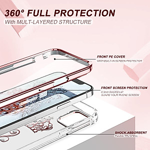 SURITCH Compatible with iPhone 12/iPhone 12 Pro Clear Case 6.1 Inch,[Built in Screen Protector] Luxury Crown Sparkle Diamond Bling Crystals Full Body Rugged Cover for Girls Women (Rose Gold)