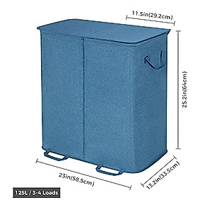 Lifewit Double Laundry Hamper with Lid and Removable Laundry Bags, Large Collapsible 2 Dividers Dirty Clothes Basket with Handles for Bedroom, Laundry Room, Closet, Bathroom, College, Grey and Blue