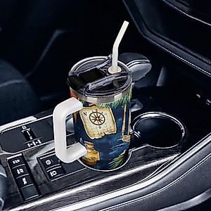 Skull Sailing Ship Parrot Coconut Tree 40oz Water Bottle Double Wall Insulated Tumbler with Handle Leakproof Travel Mug White-style