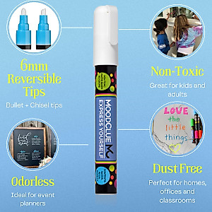 MoodClue liquid chalk markers for glass, mirrors, windows, car windshields, auto, white boards, glass boards, chalkboards. 6 neon. Reversible - thick, thin tip. Washable, erasable. Wet or dry erase.