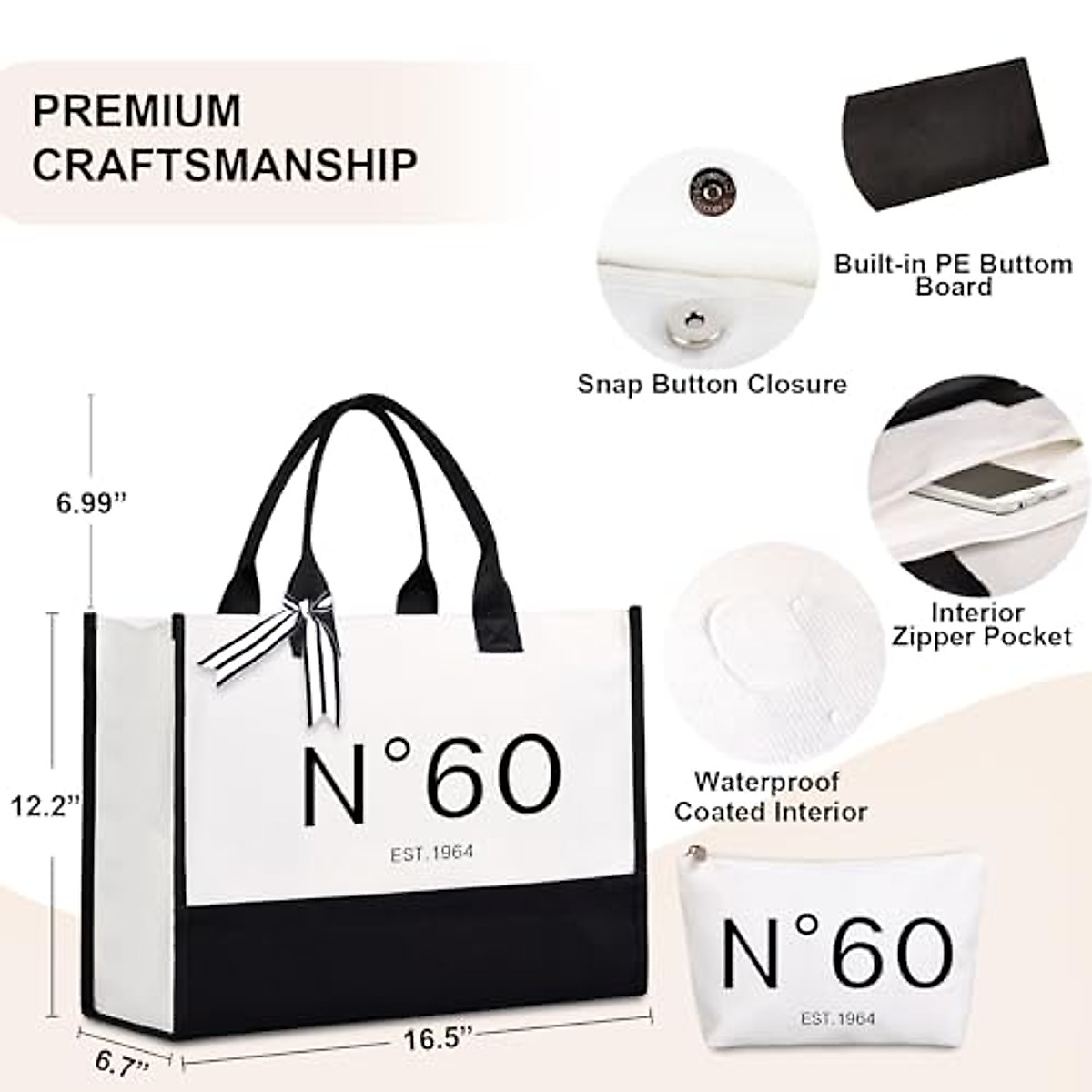 Lamyba 60th Birthday Gifts for Women Canvas Beach Tote Bag with Makeup Bag for Wife/Mom/Friends/Sister 60th Birthday Present, N°60 EST 1964