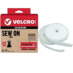 VELCRO Brand ECO Collection Tapes, Sew On Tape for Clothes and Fabrics | Non Adhesive, Cut Strips to Custom Length for Sewing | 15ft x 3/4in Roll, White