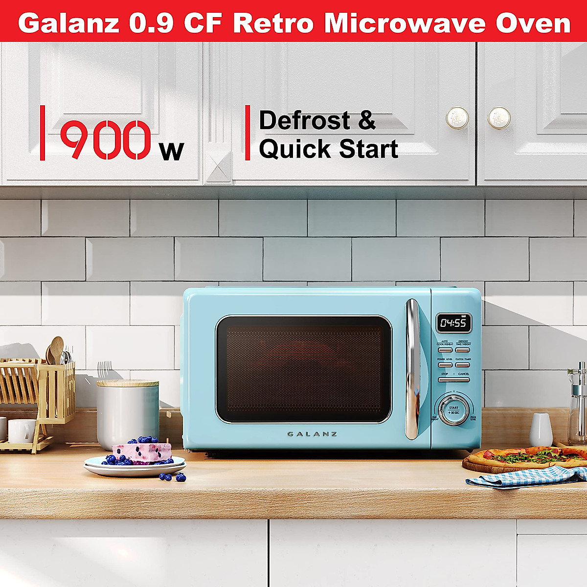 Galanz GLCMKZ09BER09 Retro Countertop Microwave Oven with Auto Cook & Reheat, Defrost, Quick Start Functions, Easy Clean with Glass Turntable, Pull Handle, 0.9 cu ft, Blue