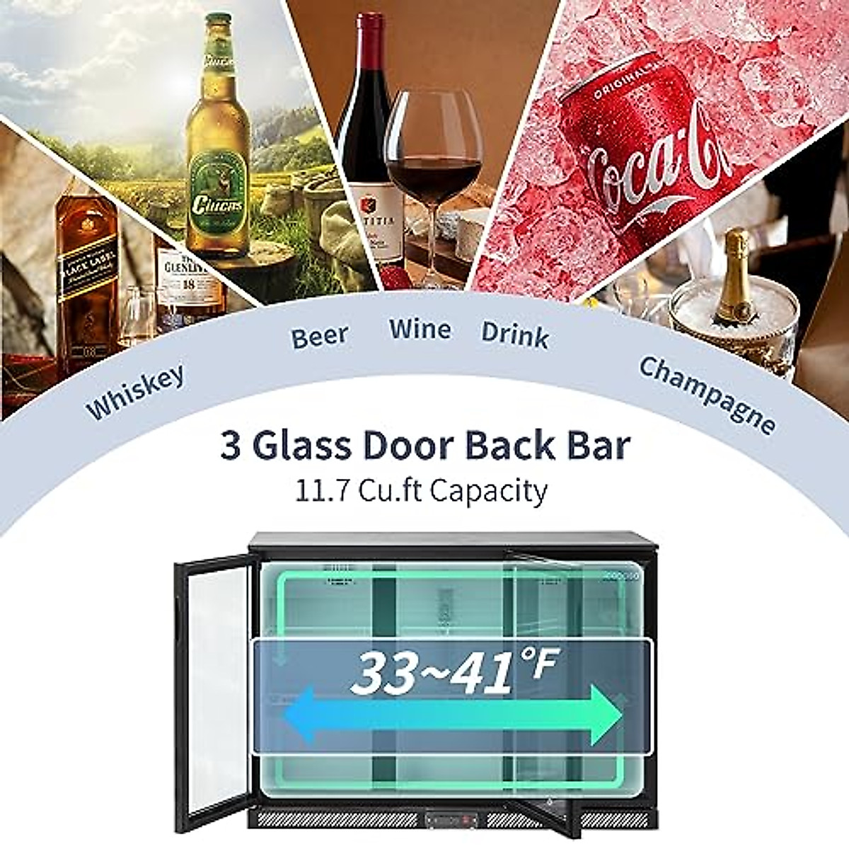 ICECASA Beverage Refrigerators 3 Glass Door Back Bar Refrigerator Commericial Counter Height Refrigerator LED Lighting Merchandiser 11.7Cu.ft for Soda Beer