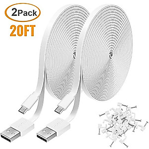 2 Pack 20FT Power Extension Cable Compatible with WyzeCam, Wyze Cam Pan, NestCam Indoor,Blink,Amazon Cloud Camera,USB to Micro USB Durable Charging and Data Sync Cord(White)