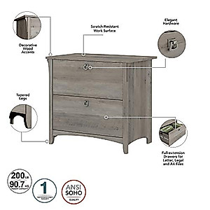 Bush Furniture Salinas L Shaped File 5-Shelf Bookcase | 3 Piece Living Room Furniture Set | Storage Cabinet, Bookshelf & Office Desk, 60W, Driftwood Gray