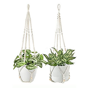 Dahey Macrame Plant Hanger Indoor Hanging Planter Basket with Wood Beads Handmade Woven Cotton Rope Flower Pot Holder Stand for Boho Outdoor Home Decor No Tassels, 35 Inch, Set of 2