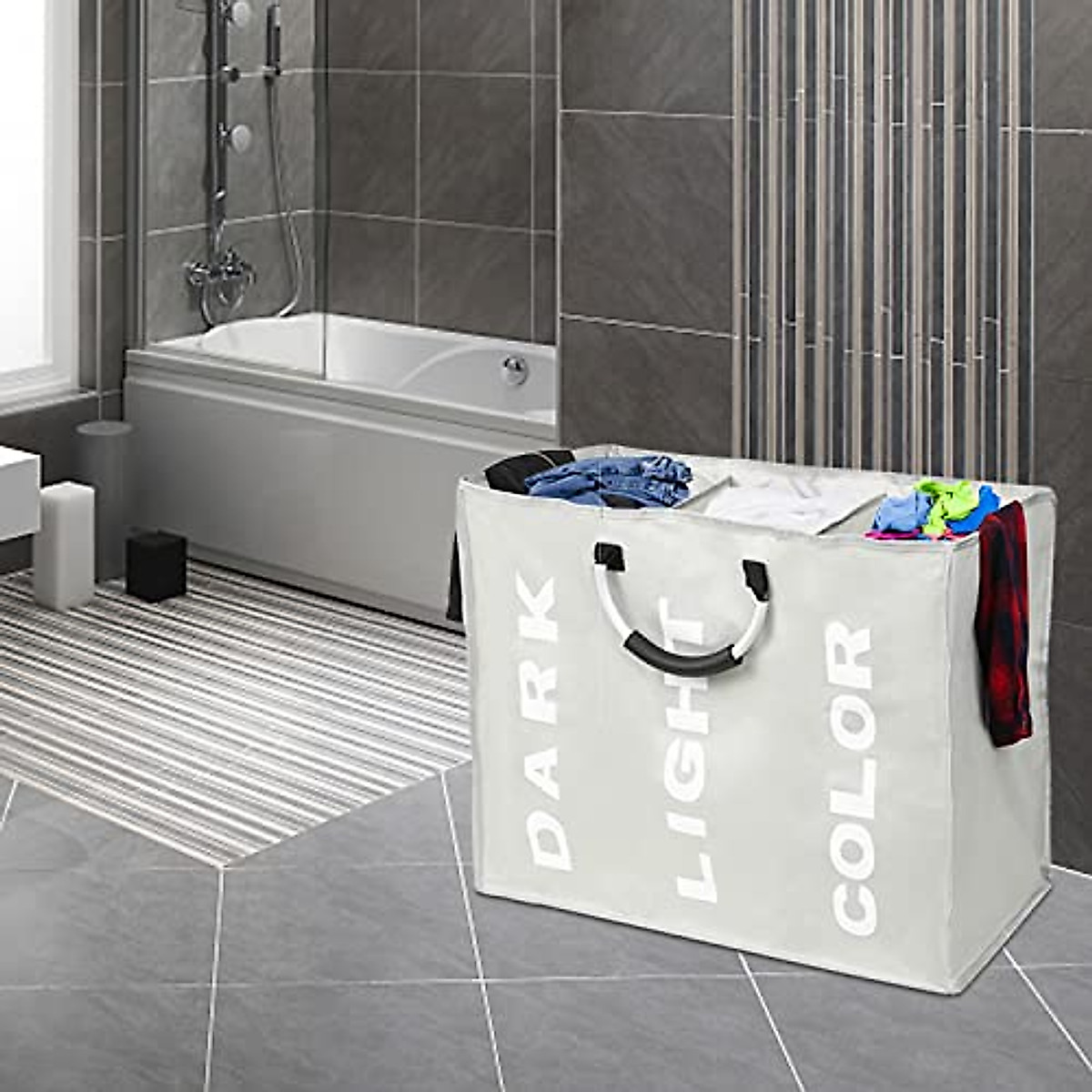 3-section Laundry Bag Foldable Laundry Hamper, Durable Oxford Fabric Laundry Basket Clothes Sorter Portable Multifunction Storage Bag for Home Bathroom Dormitory (grey)