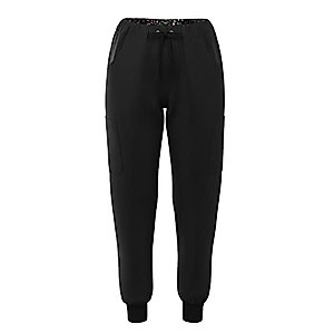 Stretch Rib Scrubs Jogger Pants - Pandamed Women Full Elastic Waistband Jogger Pants Drawstring Nursing Uniforms Pants PSP740 Black M