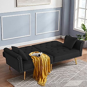 SZLIZCCC 76.7" Velvet Futon Sofa Bed, Copper Nail Decoration Accent Sofa, Convertible futon Couch, backrest can be Adjusted at Three Angles, Sleeper Sofa, Bed Size-Twin.(Black)
