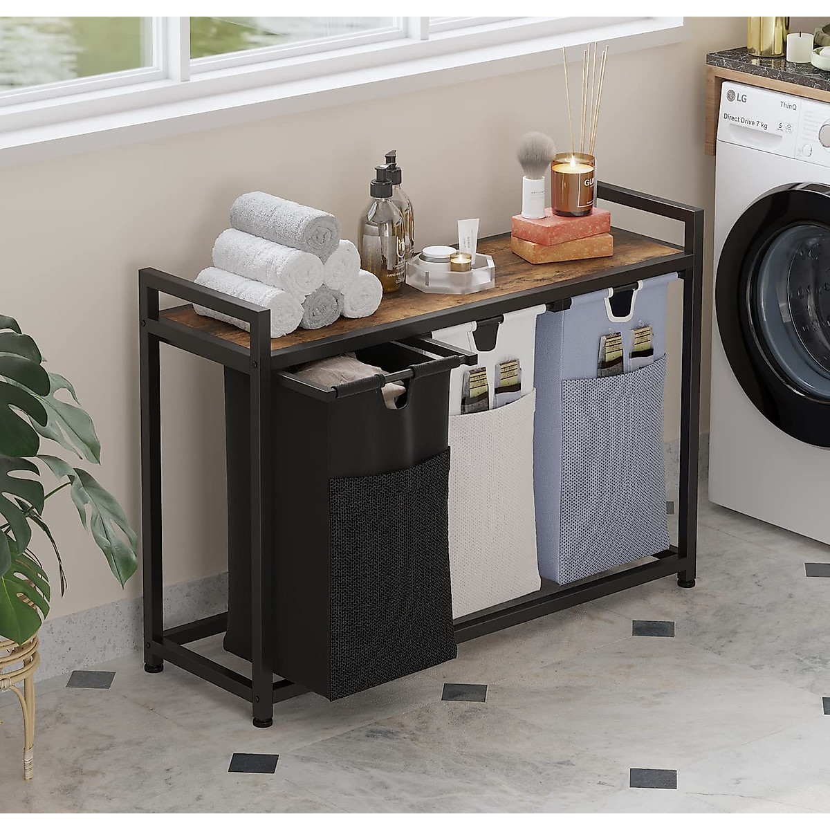 LIVEHOM Laundry Basket Three Laundry Hamper with Removable Bags, Fabric Handles, Large Top Shelf and Laundry Bag for Bathroom, Dorm, Laundry Room