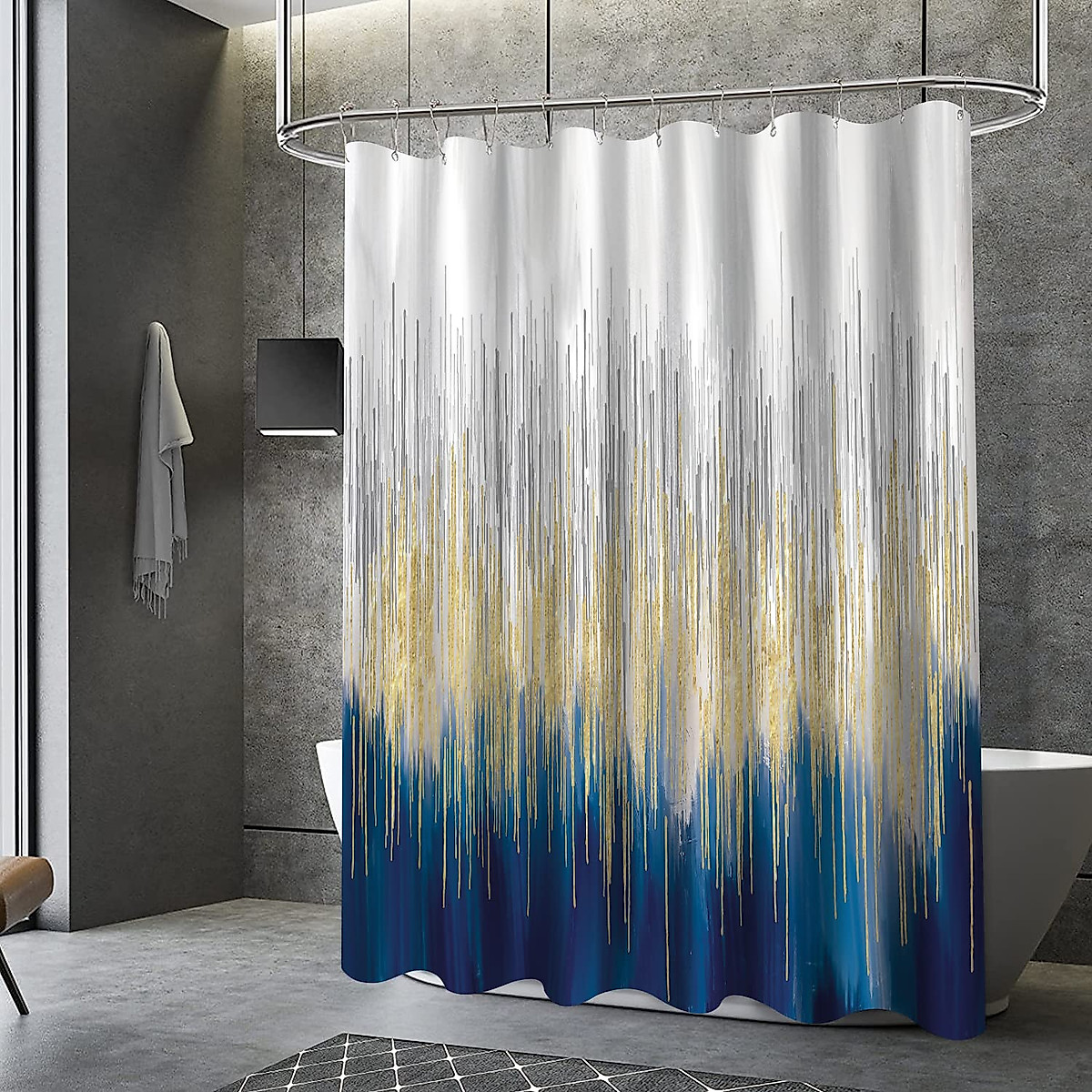 Ouyisha Blue and Gray Ombre Shower Curtain Navy Gold Modern Abstract Shower Curtains for Bathroom Contemporary Oil Painting Striped Fabric Shower Curtain Set Waterproof with Hooks, 72" X 72"