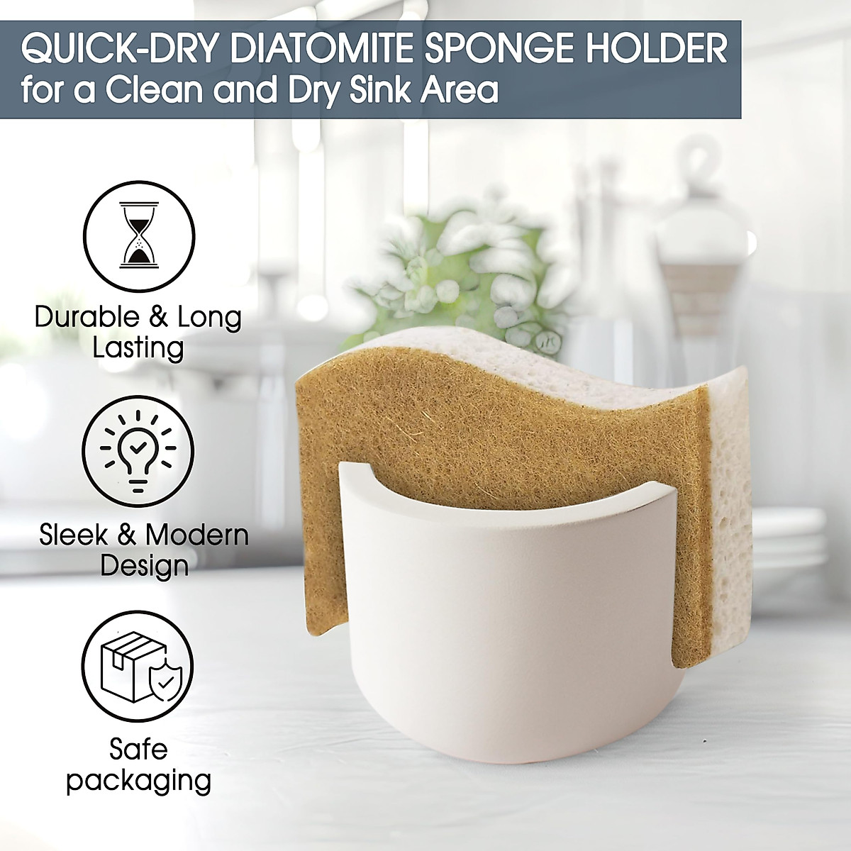 MOPHONICHOME Sponge Holder For Kitchen Sink, Kitchen Sink Sponge Holder - Quick Drying Stone Sponge Holder, Diatomaceous Earth Sponge Holder (3.14x2.75x2.36 inches, Cream)