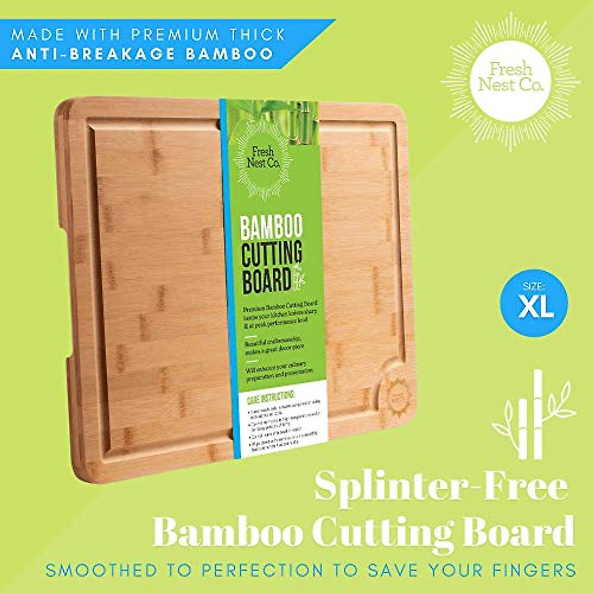 Extra Large Bamboo Kitchen Cutting Board by Fresh Nest Co. | XL 16 x 12 Wood Cutting Board with Handle | Thick Wooden Cutting Board with Juice Groove made with Organic Sustainable and Durable Bamboo
