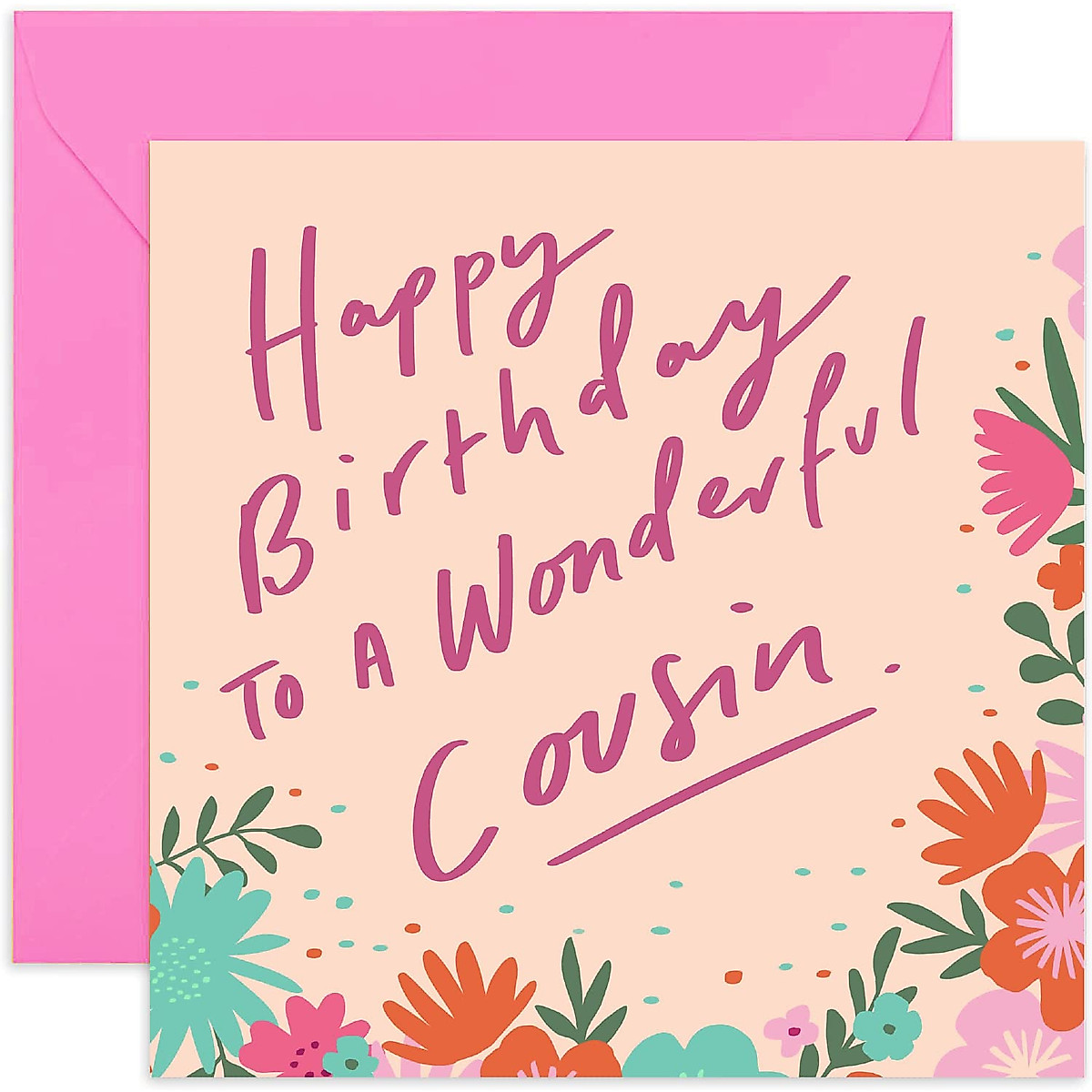 Old English Co. Happy Birthday Wonderul Cousin Card - Square Birthday Woman Wishes Card | Suitable for Cousins| Blank Inside & Envelope Included