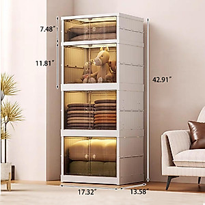 Collapsible Storage Bins 4 Tier, Kitchen Storage Cabinets with doors, Clear Plastic storage bins with Wheels, Tool-Free Installation Large Cabinet Organizer