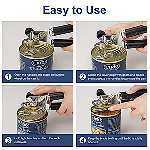 Can Opener, Can Opener Manual with Stainless Steel Sharp Blade - Smooth Edge & Ultra Sharp, Multifunctional Heavy Duty Handheld Can Opener with Anti-slip Hand Grip & Large Turning Knob (Black)