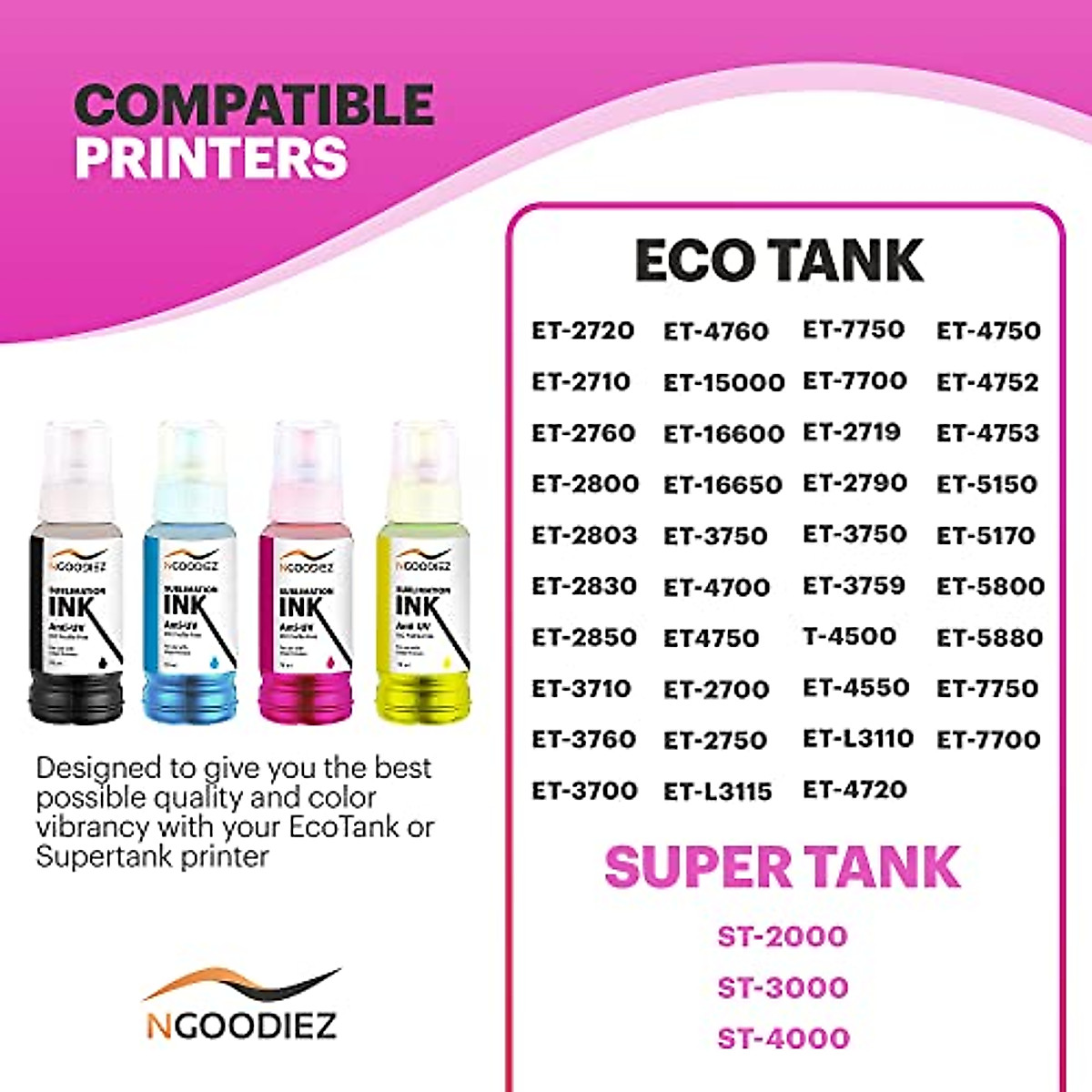 NGOODIEZ Sublimation Ink for Epson All Ecotank, Supertank Inkjet Printers Autofill, ICC-Free, Anti-UV and Fade Resistance - Conversion Kit/Refill ET2720 2803 4800 7720-4x70 ml (1 B, 1 C, 1 M, 1 Y)