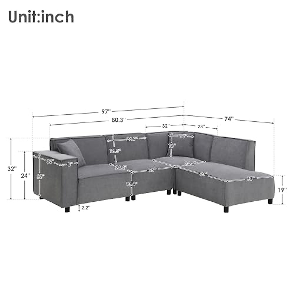 Brabrety 97 * 74" Modern Minimalist Style Sectional Sofa,L-Shaped Couch Set with 2 Free Pillows,5-seat Chenille Fabric Couch with Chaise Lounge for Living Room, Apartment, Office. (Grey#Chenille)
