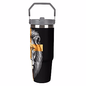 Lion Head with Cross 30 OZ Insulated Tumblers with Handle And Straw Leakproof Vacuum Insulated Stainless Steel Water Bottle for Car Fishing Travel