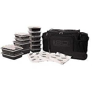 Meal Prep Lunch Box ISOBAG - Large Insulated 6 Meal Prep Bag/Cooler with 12 Containers, 3 Ice Packs & Shoulder Strap (Blackout) - Made in USA