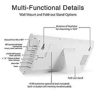 TXL Large Digital Day Wall Clock, Custom 8 Languages Calendar, Count up-Down Timer and Temp Reminder, 12/24Hr Desktop Alarm Clock with 14.17" Extra Large Display for Home Office Studio Hotel, White