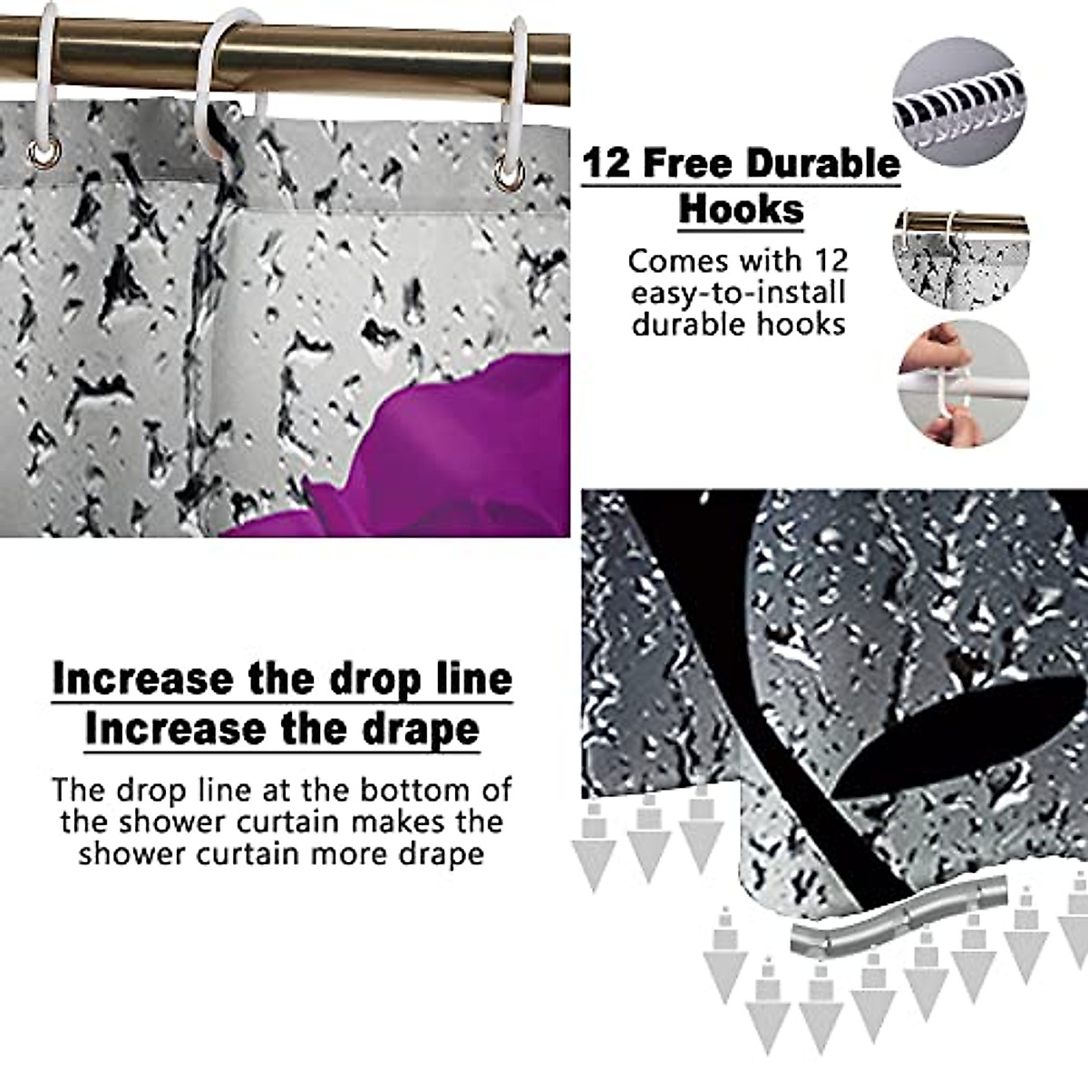 Poedist 5 Pcs Grey Bathroom Decor Set,Shower Curtain Sets with Rugs,Include Bath Towel,U Mat,Toilet Lid Cover & Bath Mat,with 12 Hooks,Creative Purple Rose
