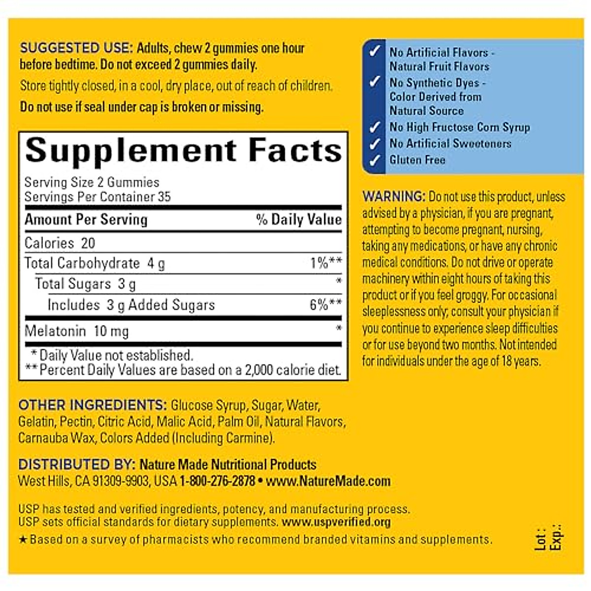 Nature Made Melatonin 10mg per serving Gummies, Maximum Strength Dosage, 100% Drug Free Sleep Aid for Adults, 70 Melatonin Gummies, 35 Day Supply