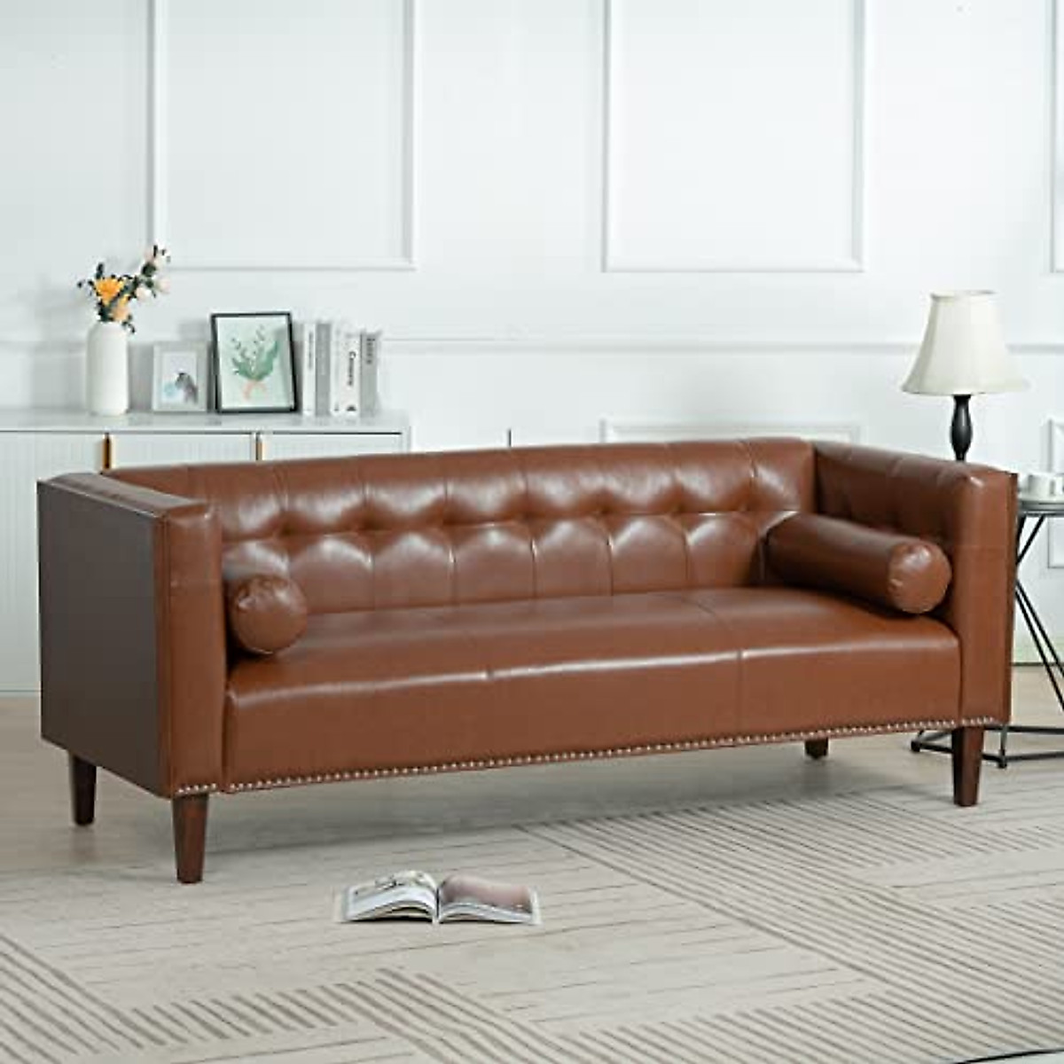 wirrytor Mid-Century Faux Leather 3 Seater Sofa, Modern Upholstered Tufted Leather Sofa Couch Furniture with 2 Bolster Pillows for Living Room Bedroom Office Apartment, Brown