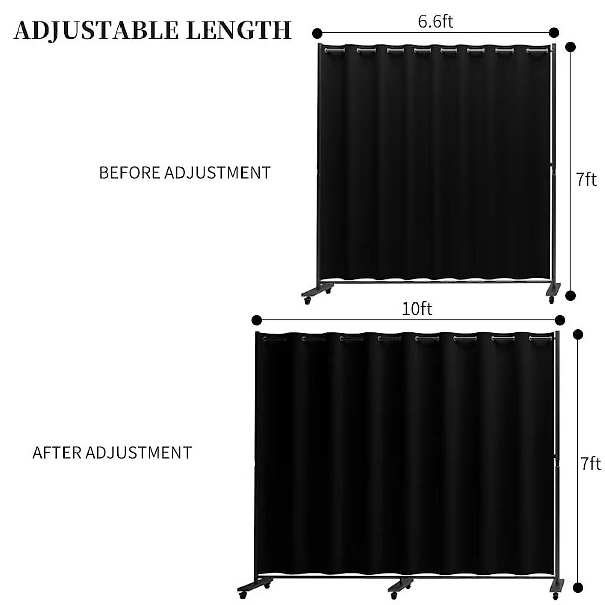 Madamera Adjustable Room Divider, 7 ft x 10 ft, 4 Rolling Wheels Curtain Divider Stand, Black Metal Frame, Blackout Curtain & Portable Tool, Expandable Screen for Office, Bedroom, Kitchen (Black)