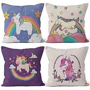 Yeele Rainbow Unicorn Pillow Covers, Set of 4 Cartoon Pink Rainbow Fairy Tale Stars Magic Unicorn Pattern Cushion Case with Invisible Zipper 18x18inch for Kids Boys Girls Room Sofa Decor