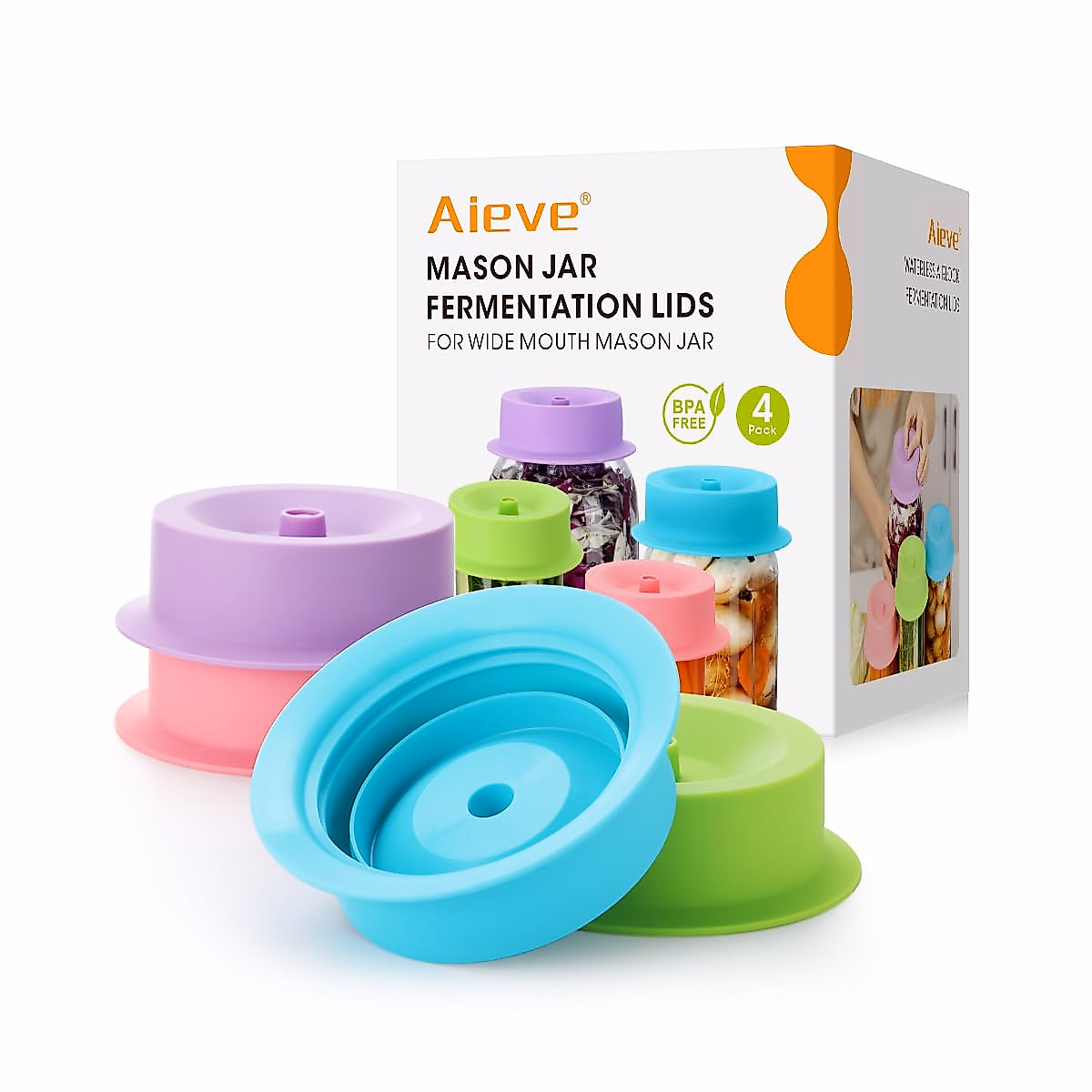 Aieve Fermentation Lid, 4 Pack Fermenting Lids Fermenter Cap for Wide Mouth Mason Jar