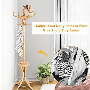 Tangkula 75.5" Standing Coat Rack, Wood Coat Tree with 12 Hooks, Home Hat Jacket Hanger Tree 12 with Umbrella Holder Coat Stand (Oak)