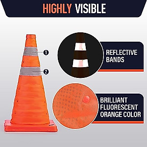BATTIFE [4 Pack] 18'' inch Collapsible Traffic Safety Cones, Orange Cones, Multi Purpose Pop-up Cones with Reflective Collar, for Road Parking, Driving Practice