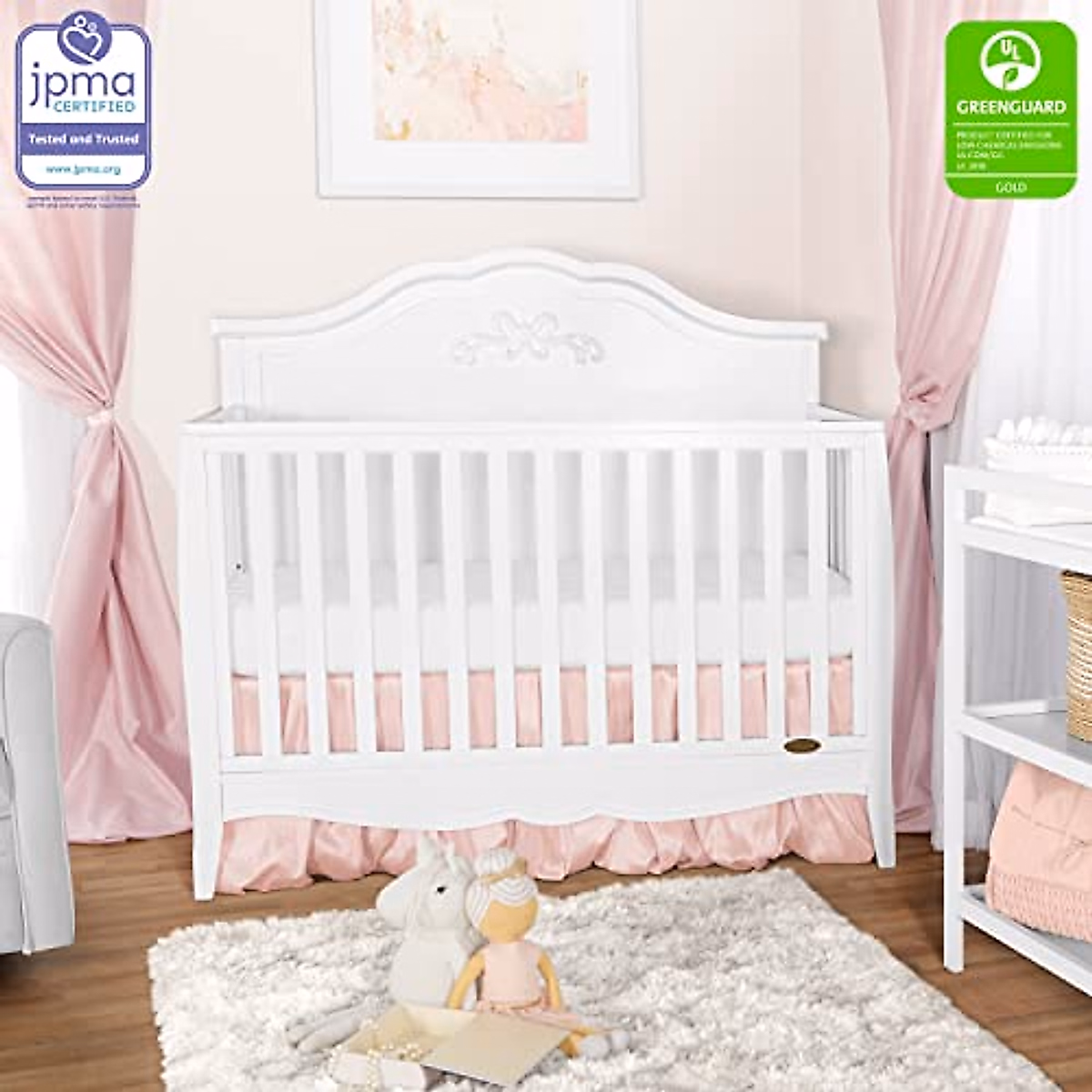 SweetPea Baby Jasmine 4-in-1 Convertible Crib in White, 3 Mattress Height Settings, Greenguard Gold Certified, Metal Mattress Support, Solid New Zealand Pinewood